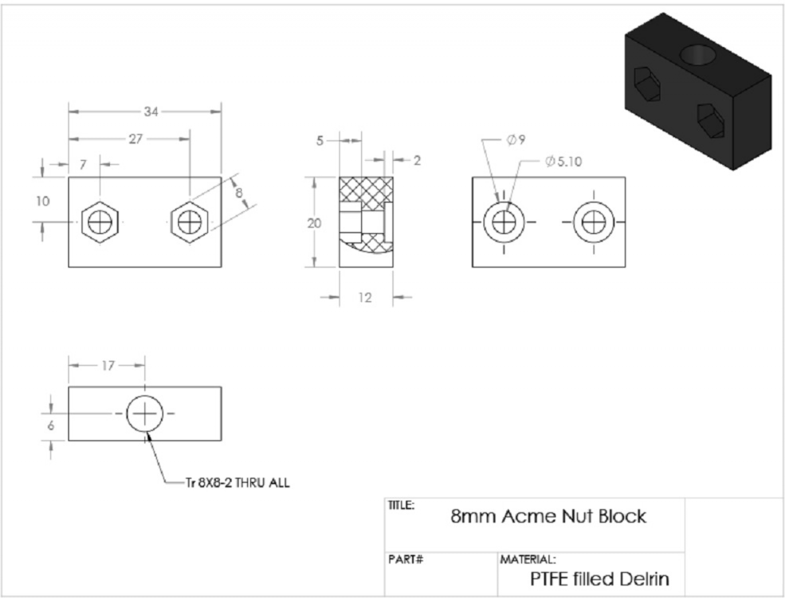 Screw block nut POM vít me T8 (kiểu 2)